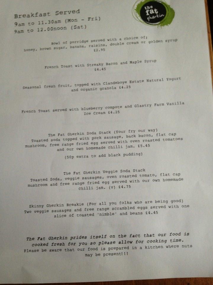 Menu at The Fat Gherkin restaurant, Moira