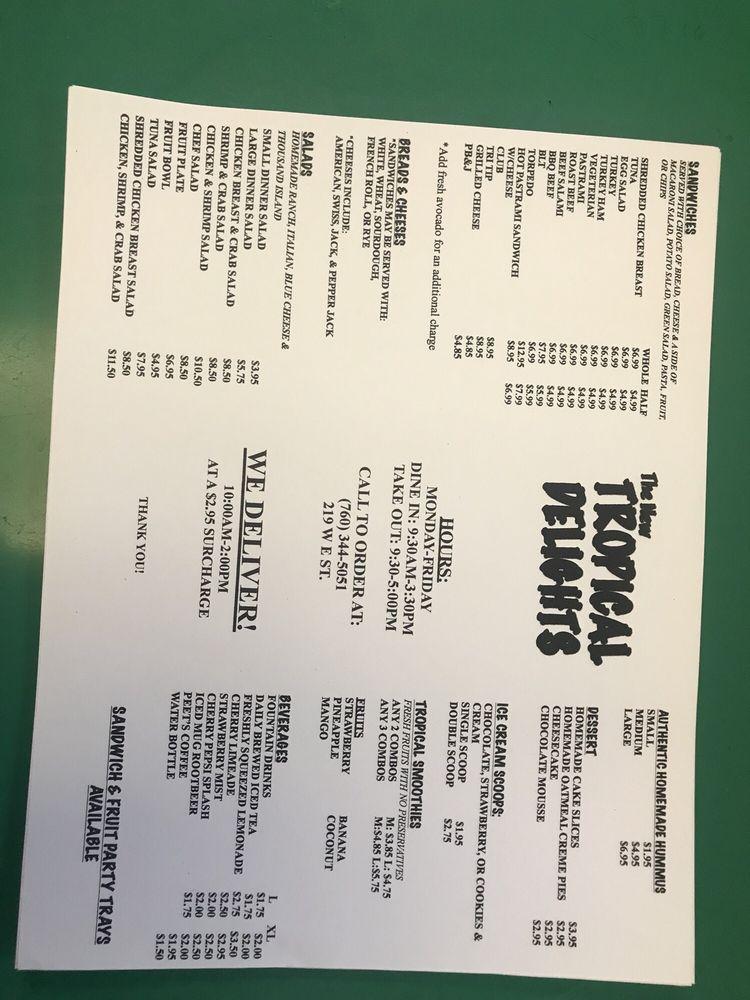 Menu at Tropical Delights desserts, Brawley