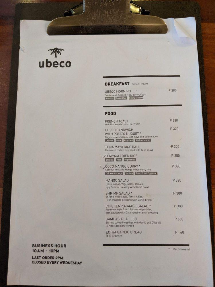Menu at ubeco cafe, Panglao