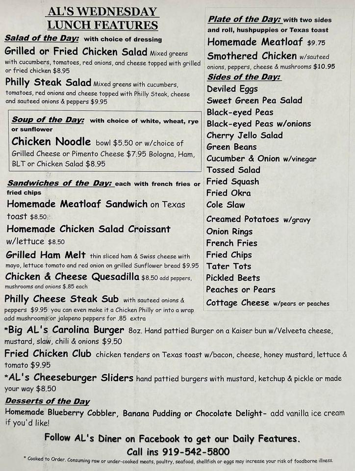 Menu at Al's Diner restaurant, Pittsboro