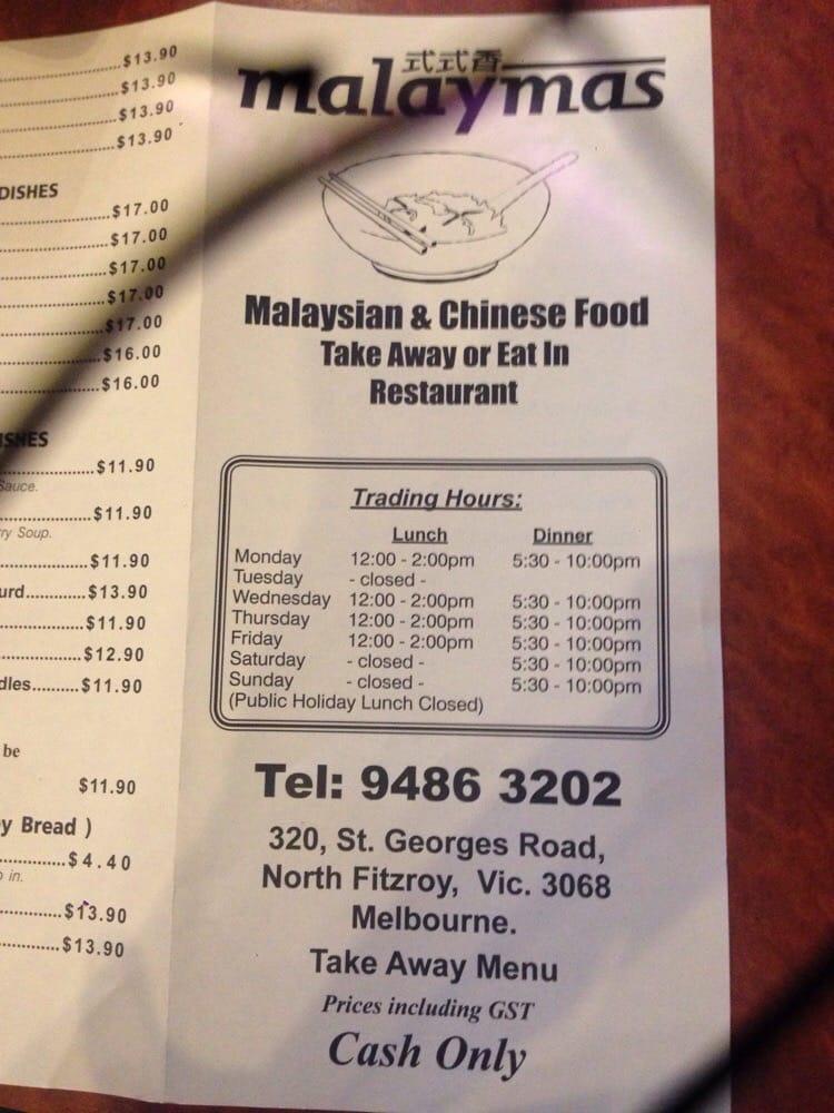Menu at Malaymas restaurant, Fitzroy North