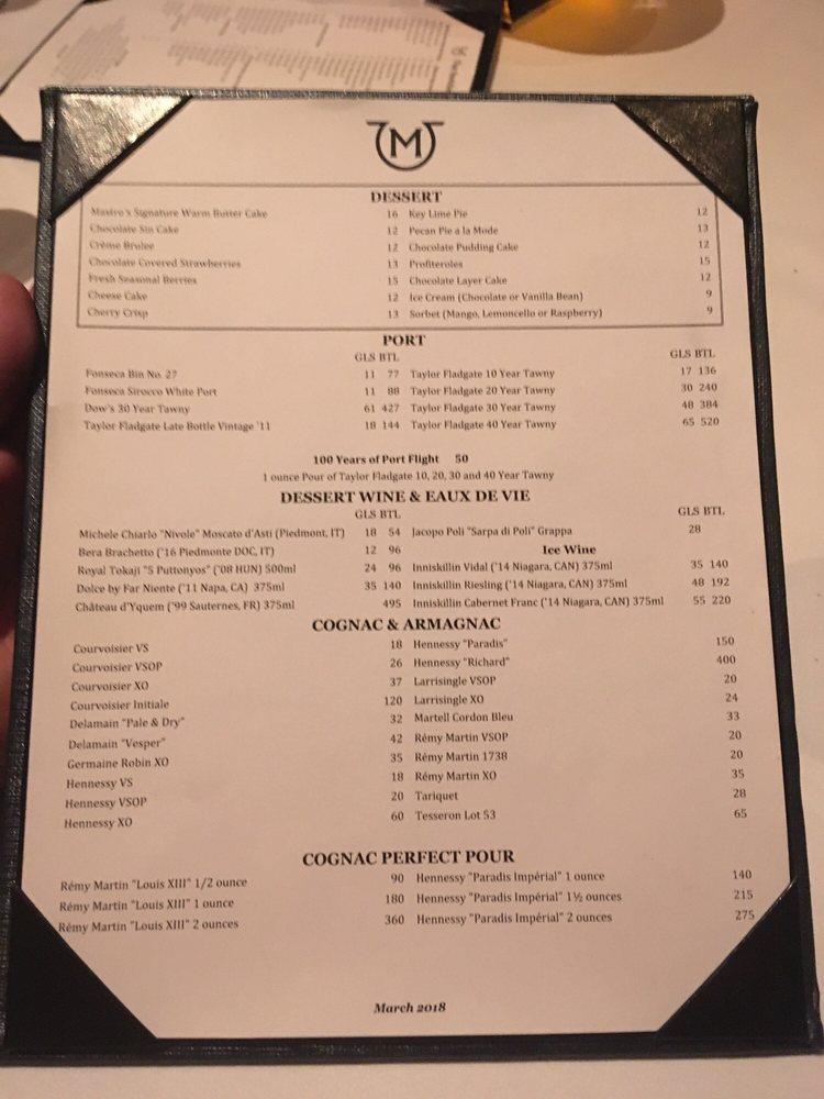 Menu at Mastro's Ocean Club, Scottsdale