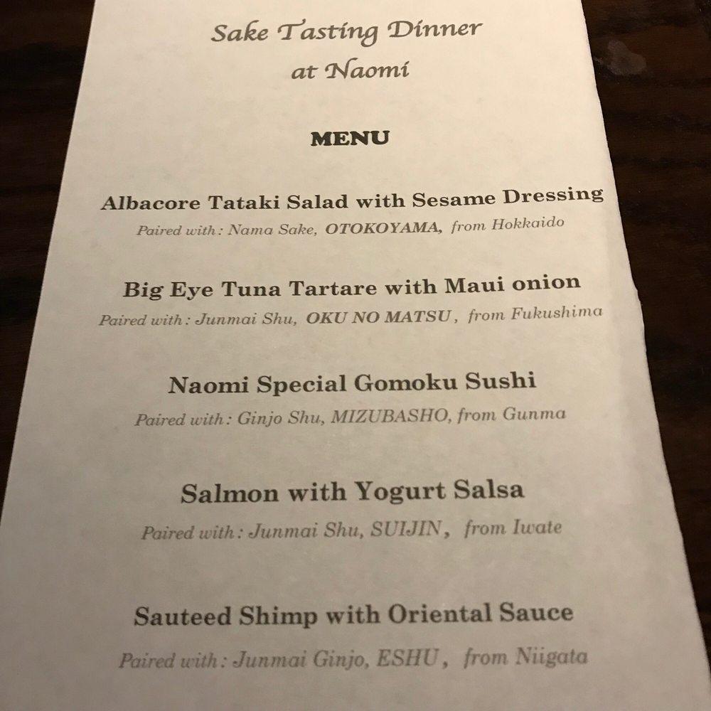Menu at Naomi Sushi restaurant, Menlo Park