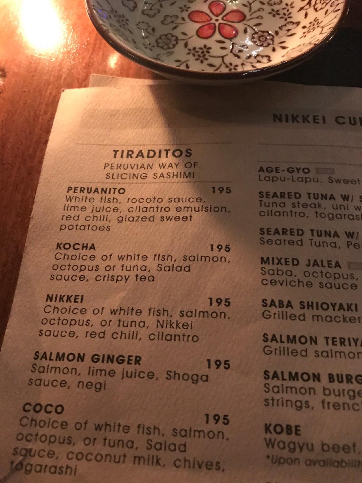 Carta del restaurante Nikkei Rockwell, Makati, One Rockwell East Tower