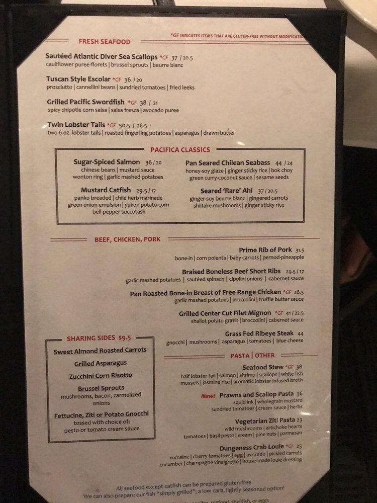 Menu at Pacifica Seafood Restaurant, Palm Desert