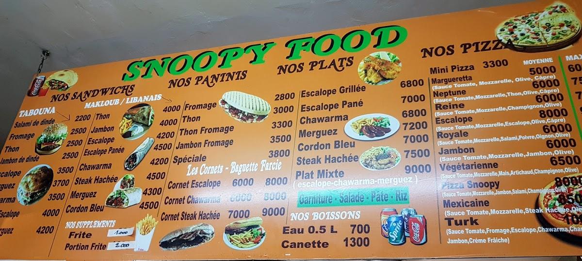 Menu at Snoopy Food restaurant, Tunis