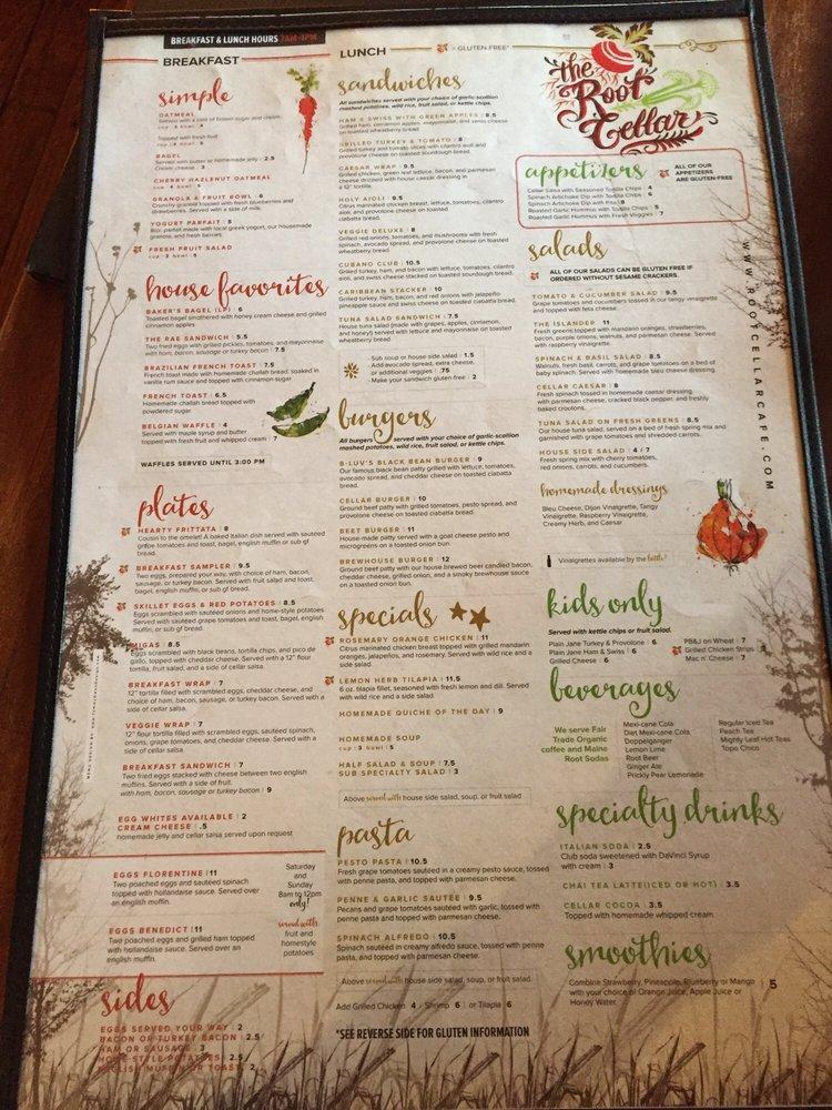 Menu at The Root Cellar Cafe, San Marcos