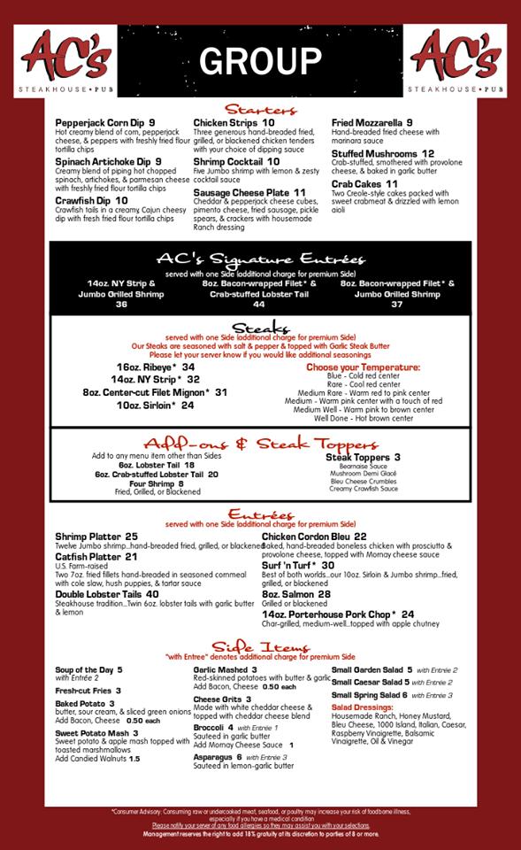 Menu at AC's Steakhouse Pub-Hernando, Hernando