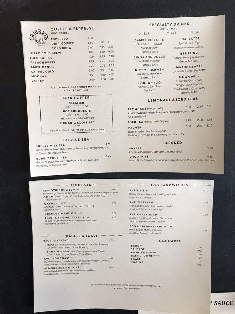 Menu at Cricket's — Coffee. Kitchen. Cocktails cafe, Geneseo