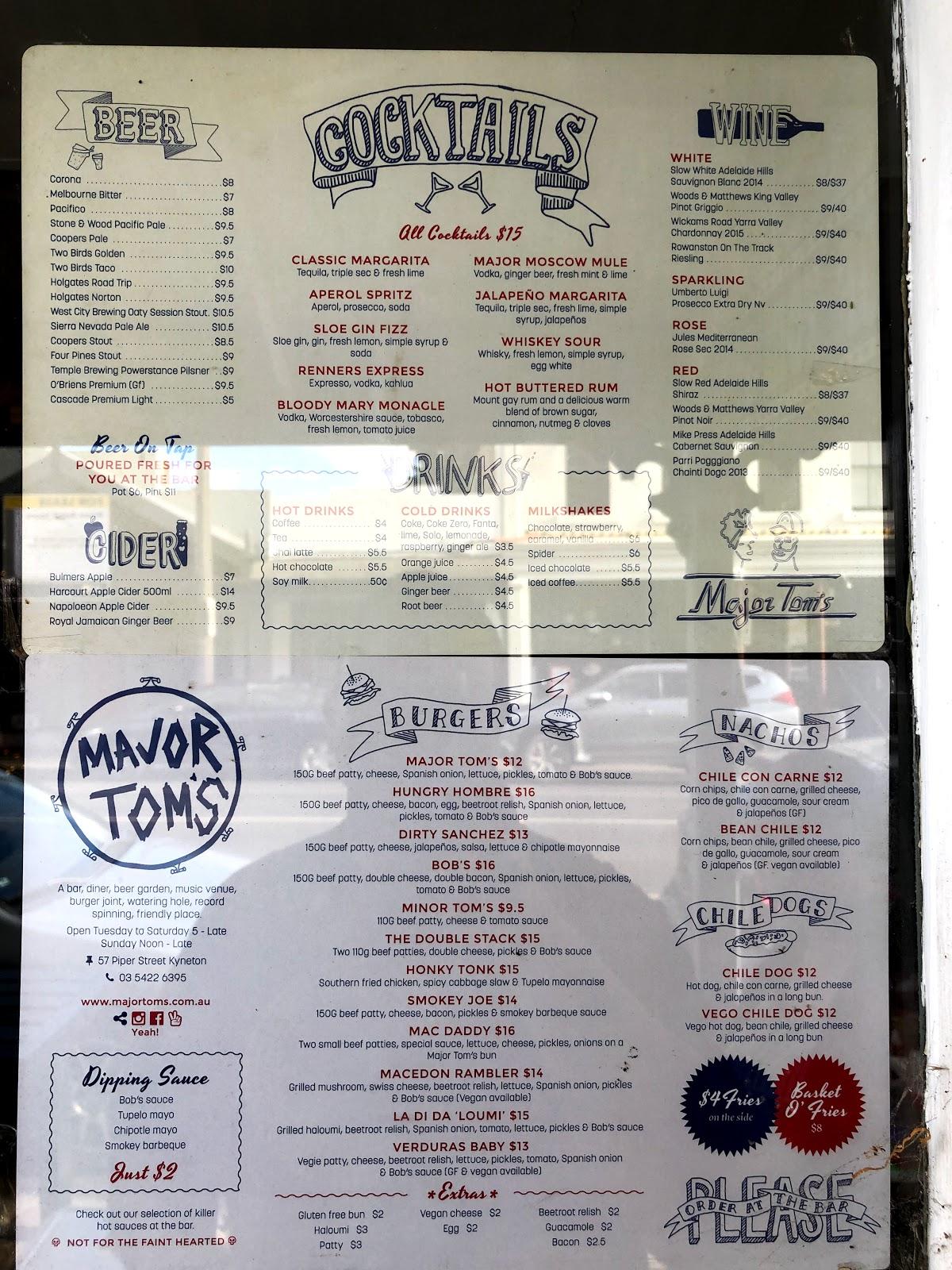 Menu at Major Tom's pub & bar, Kyneton