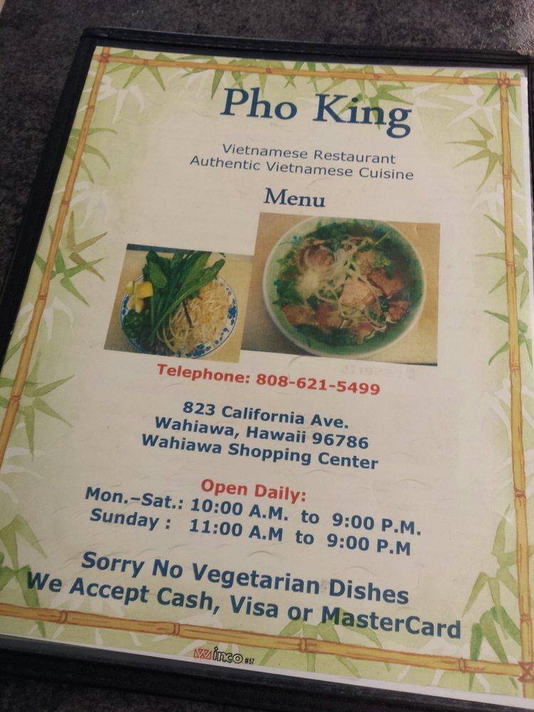Menu at Phở King Vietnamese Restaurant, Wahiawa