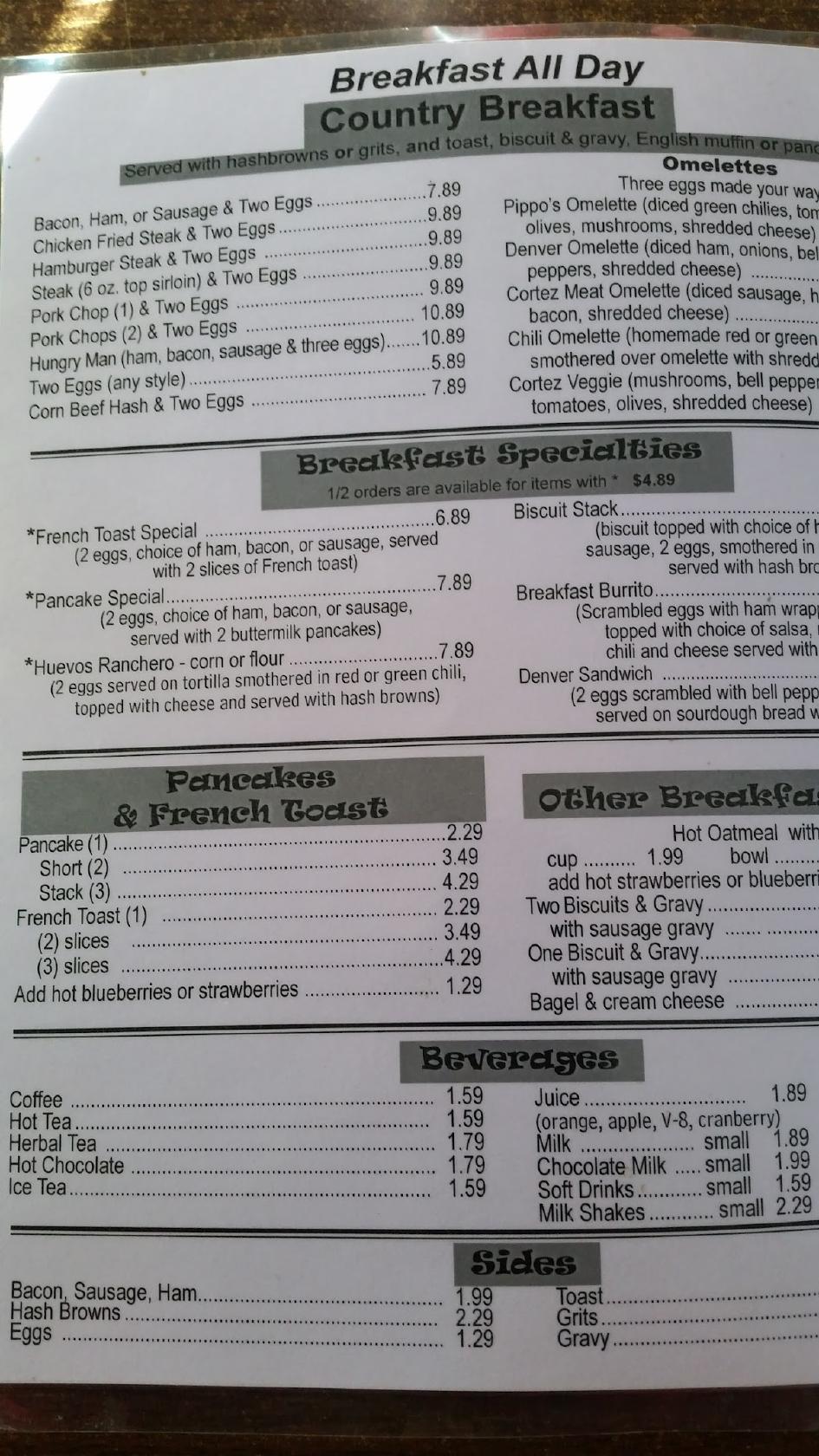 Menu at Pippo's Cafe, Cortez