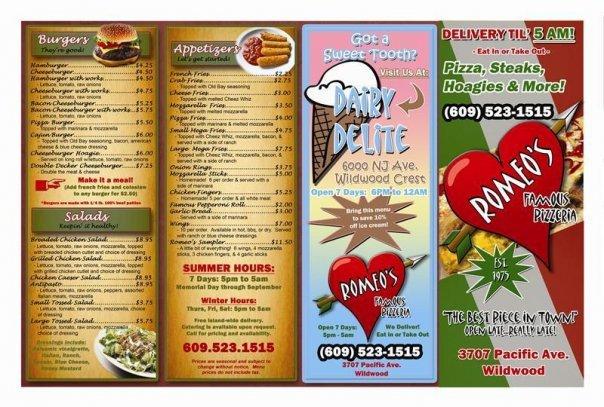Menu at Romeo's Famous Pizzeria, Wildwood