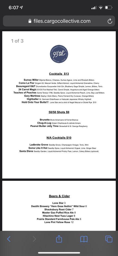 Menu at 93' Til pub & bar, Houston