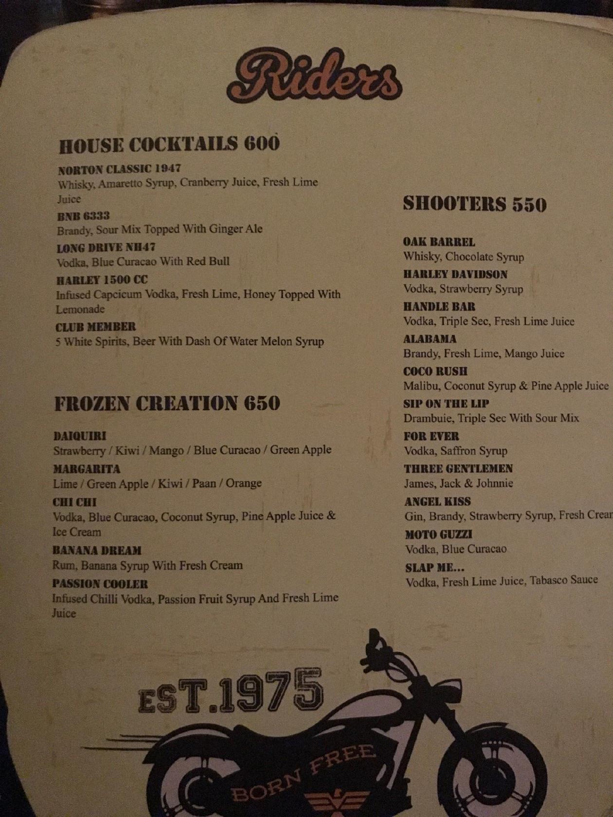 Menu at Bike & Barrel, Chennai, The Residency Towers