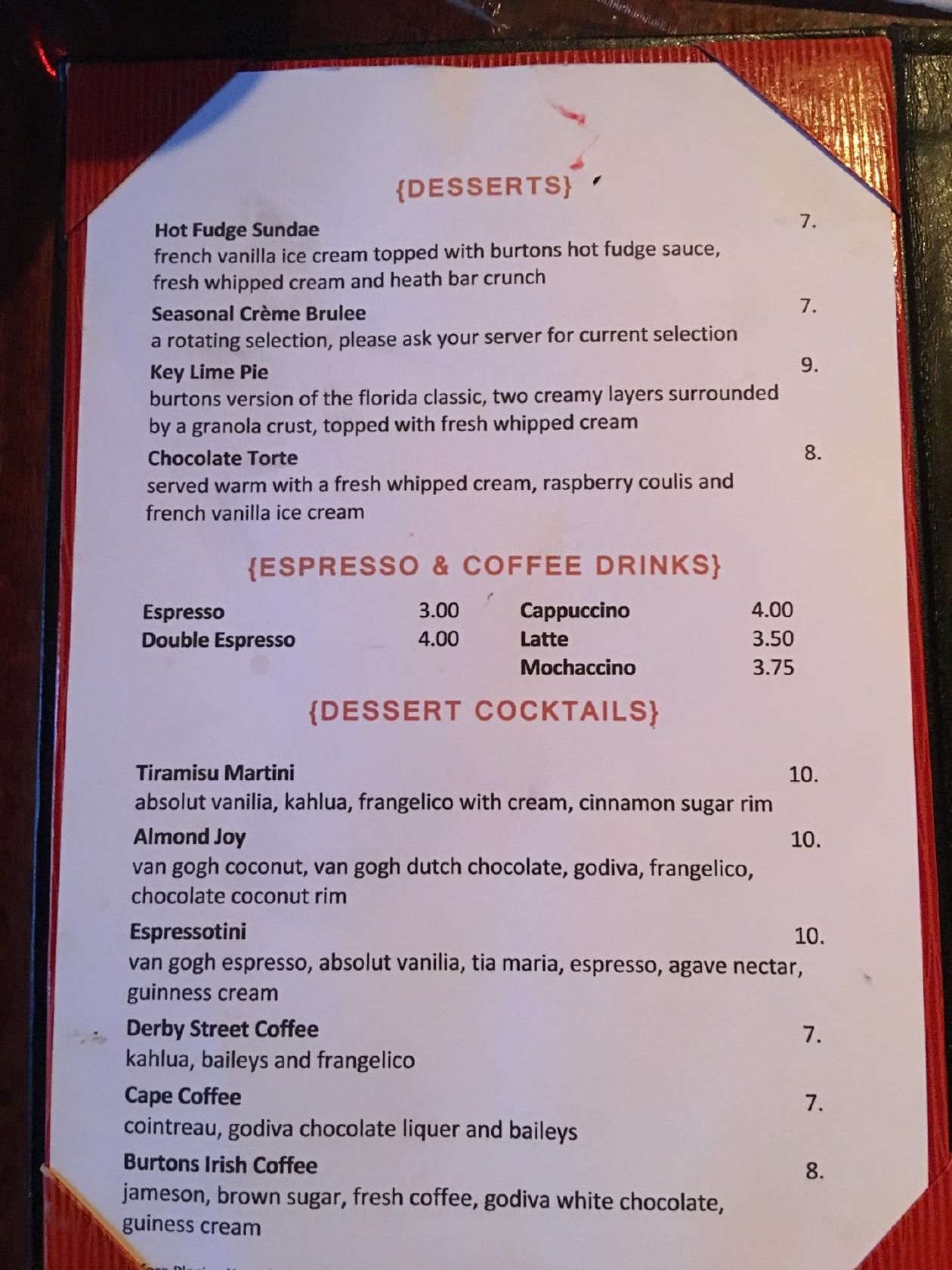 Menu at Burtons Grill & Bar, North Andover