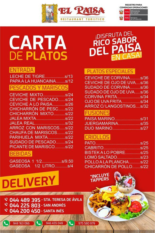 Menu at El Paisa Internacional restaurant, Trujillo