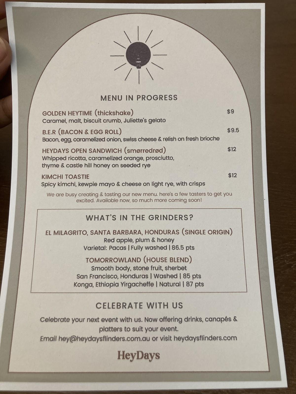 Carta de HeyDays Cafe & Events, Townsville