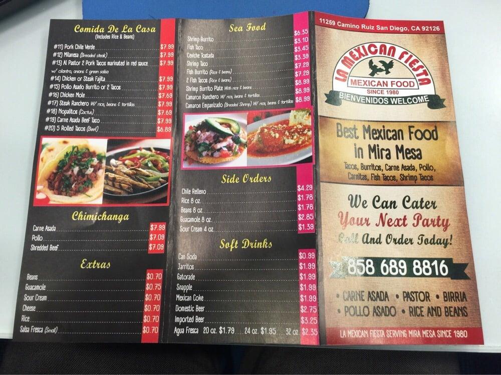 Menu at La Mexican Fiesta restaurant, San Diego, Camino Ruiz