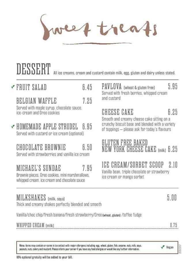 Menu at Michael’s Brasserie restaurant, London