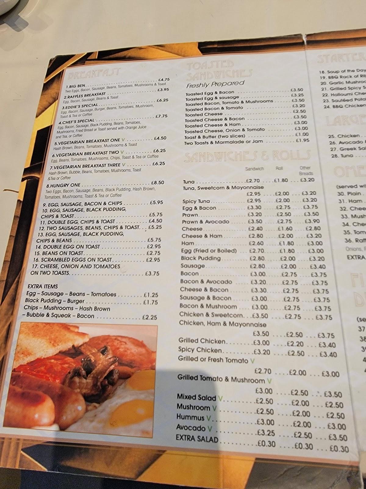 Menu at Raffles cafe, London, Paddington Dental Practice