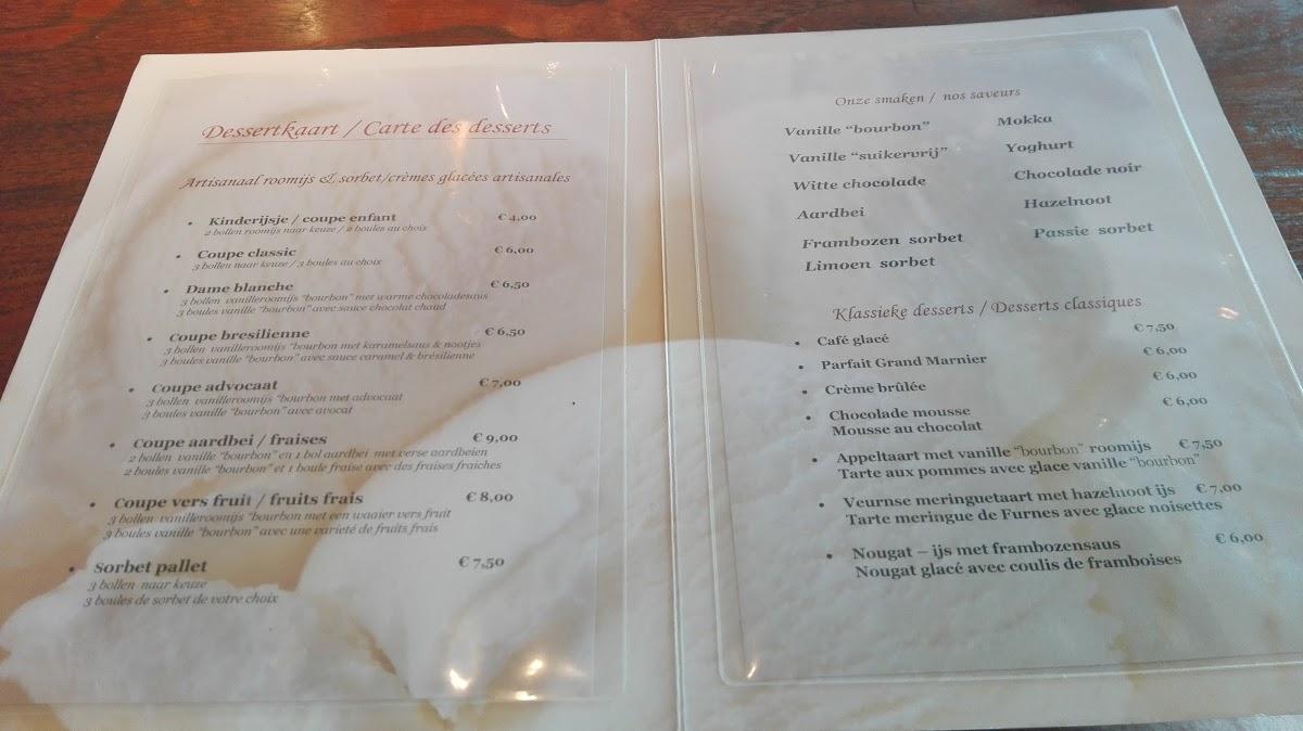 Menu au Restaurant "de Rimini", Coxyde