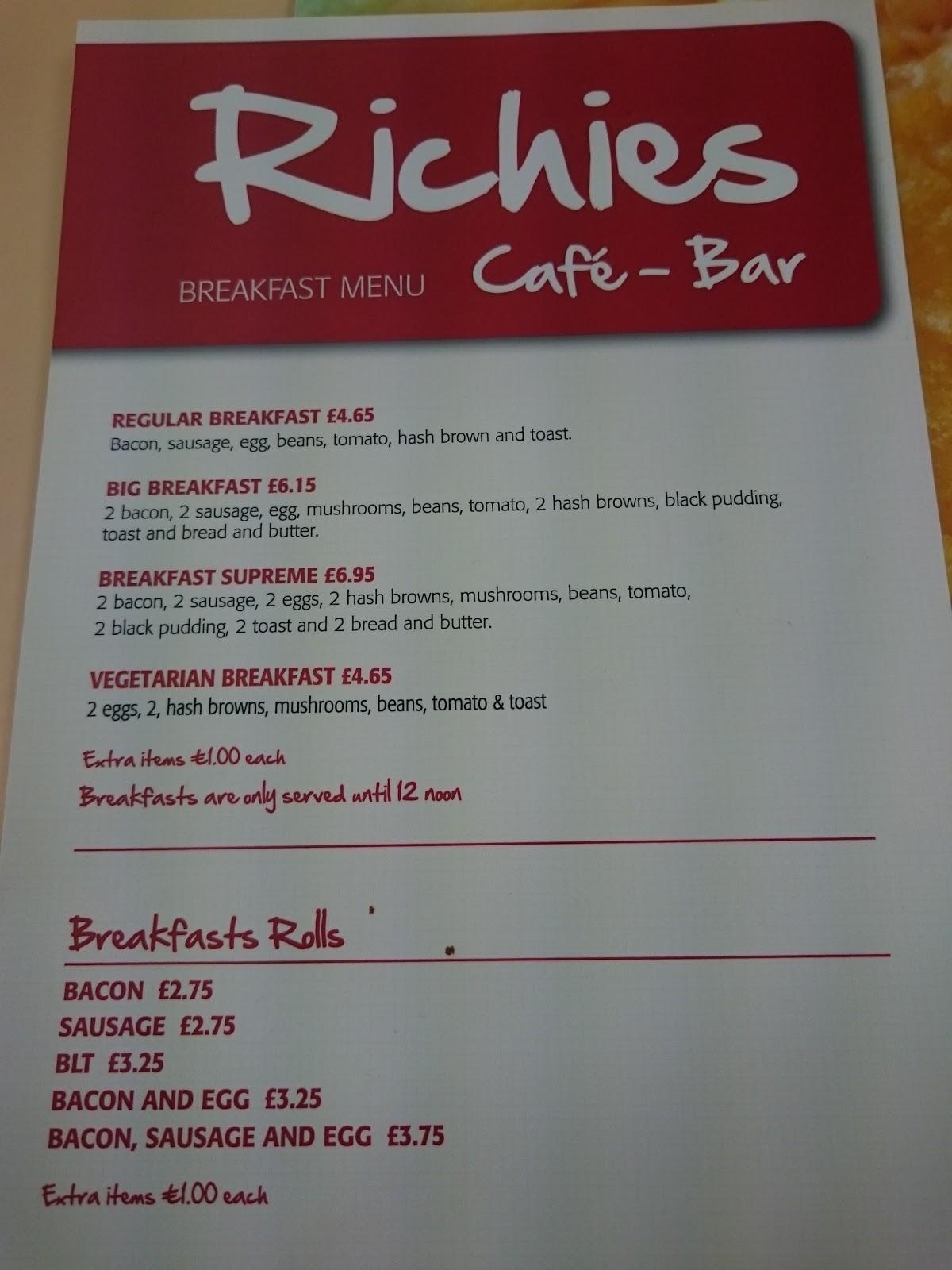 Menu at Richie's Cafe, Bridlington
