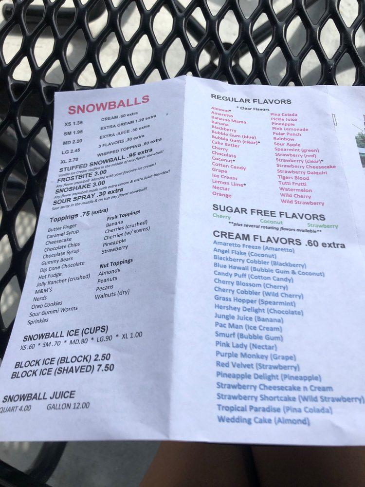Menu at Snowball Factory fast food, New Iberia