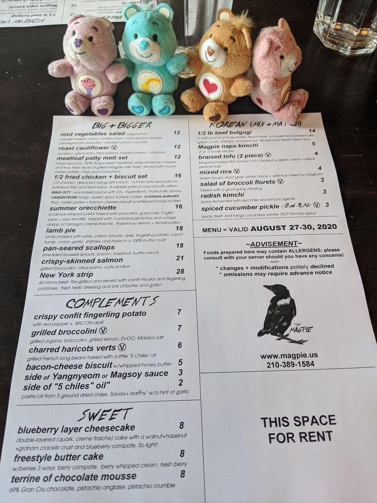 Menu at The Magpie desserts, San Antonio