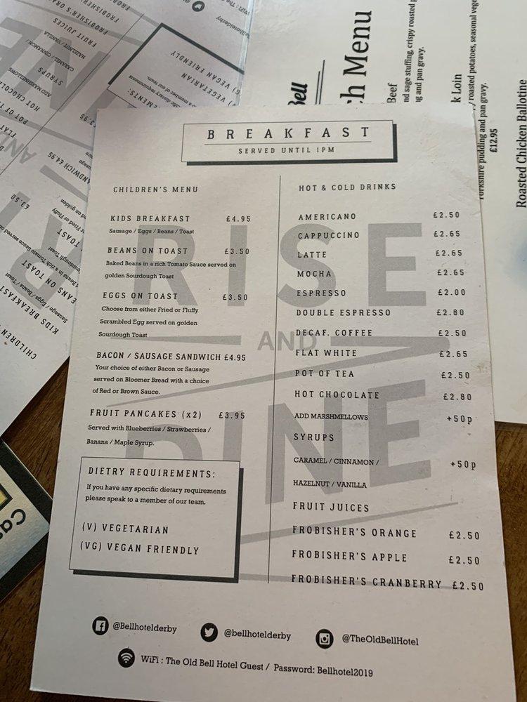 Menu at The Old Bell Hotel pub & bar, Derby