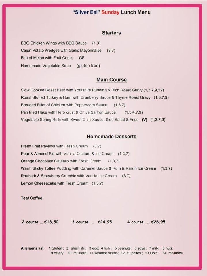 Menu at The Silver Eel restaurant, Ireland