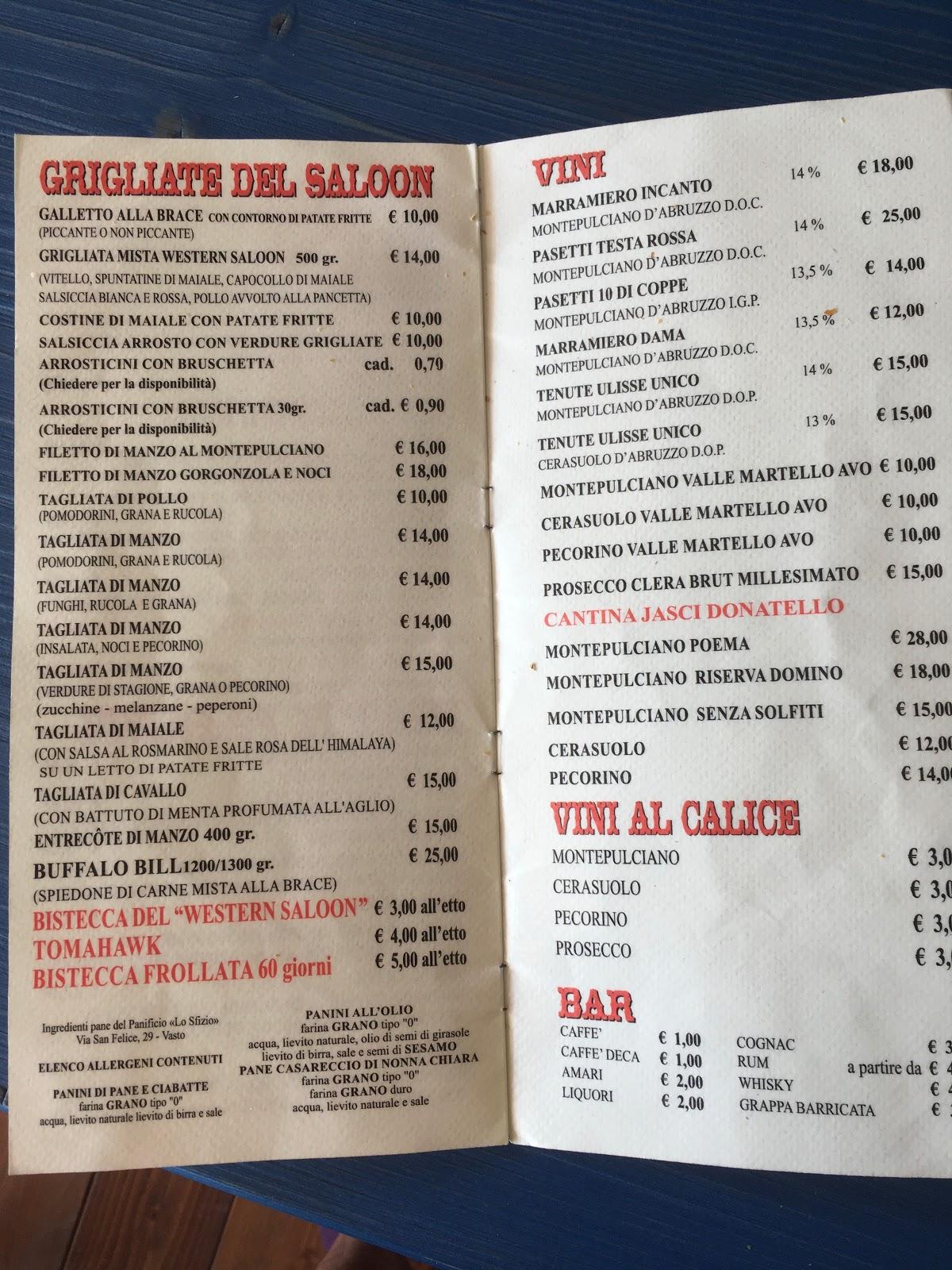 Menu da Western Saloon - Pub Braceria - Vasto Marina, Marina di Vasto