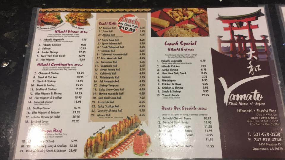 Menu at Yamato Steakhouse of Japan, Opelousas