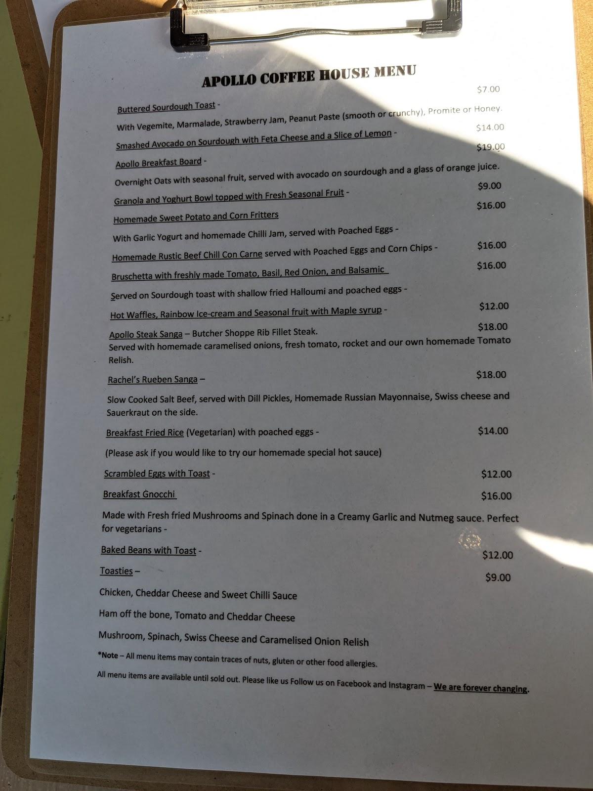 Menu at Apollo Coffee House, Bulimba