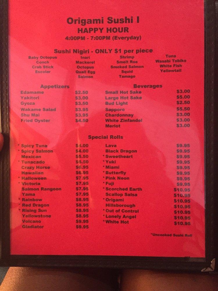 Menu at Origami Sushi restaurant, Tampa, W Hillsborough Ave