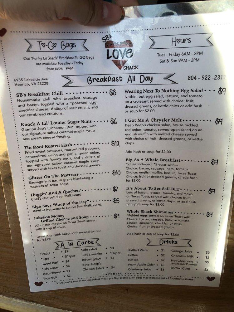 Menu at SB's Lakeside Love Shack restaurant, Richmond