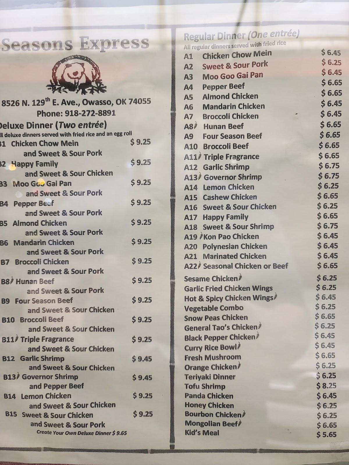 Menu at Season's Express restaurant, Owasso, N 129th E Ave