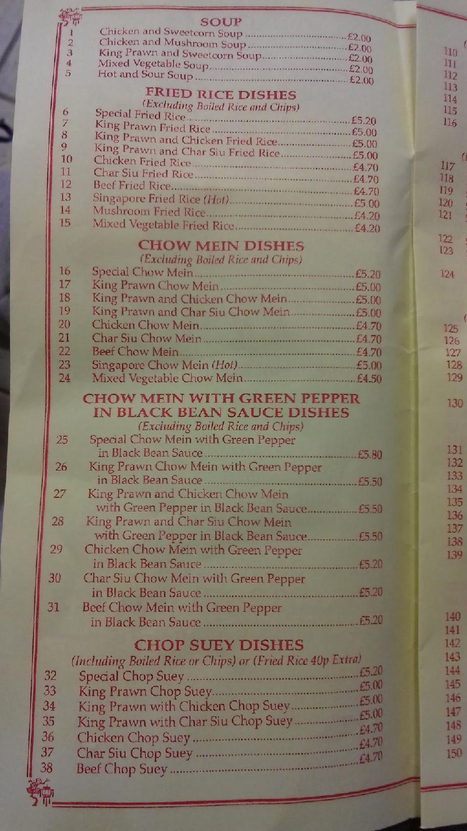 Menu at Shanghai Night fast food, Saltburn-by-the-Sea