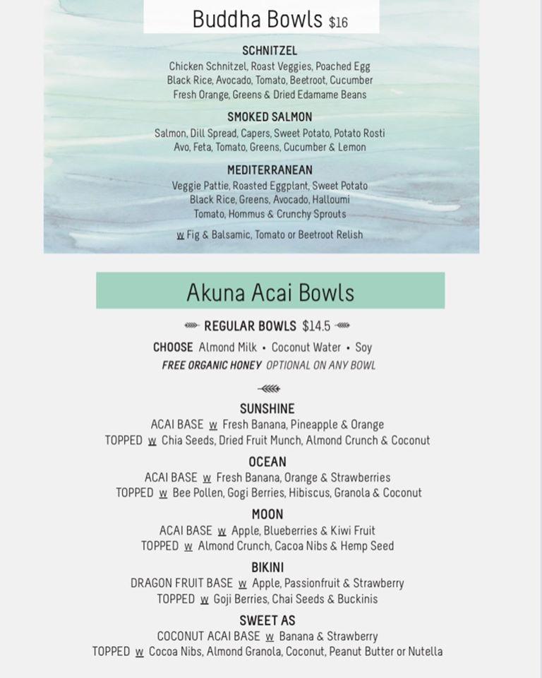 Menu at Akuna Cafe, Newcastle