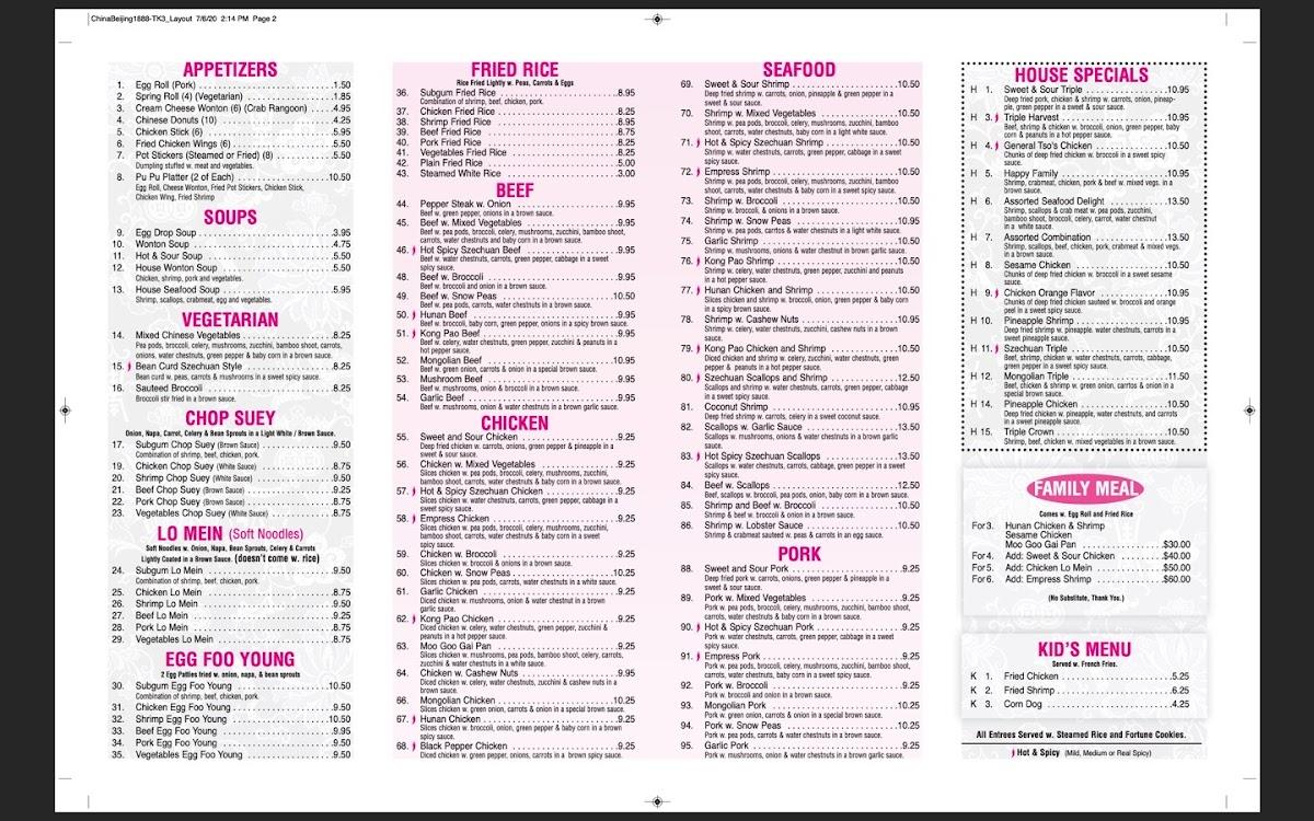 Menu at Beijing Restaurant, Park Falls
