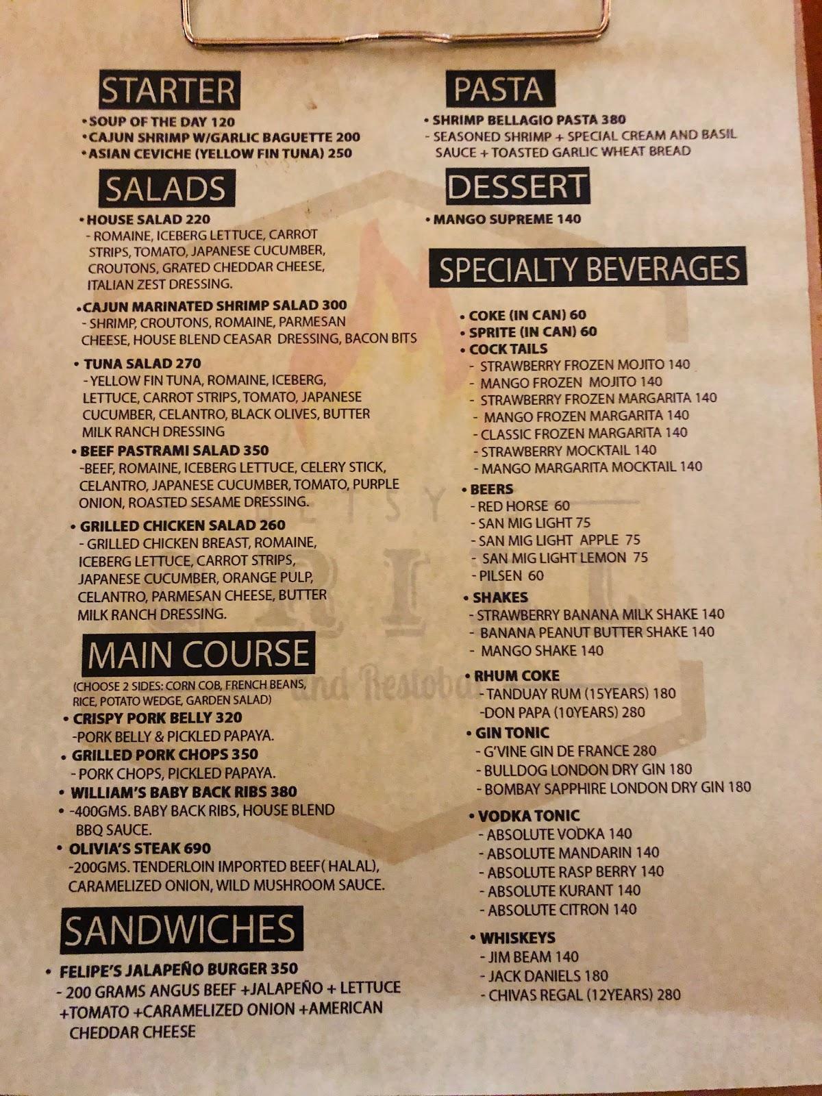 Menu at Betsy’s Grill and Restobar, Moalboal