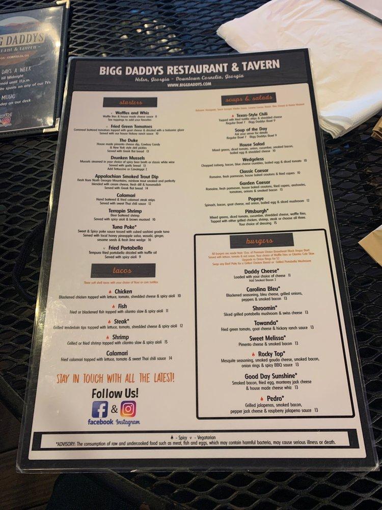 Menu at Bigg Daddys Restaurant & Tavern, Helen