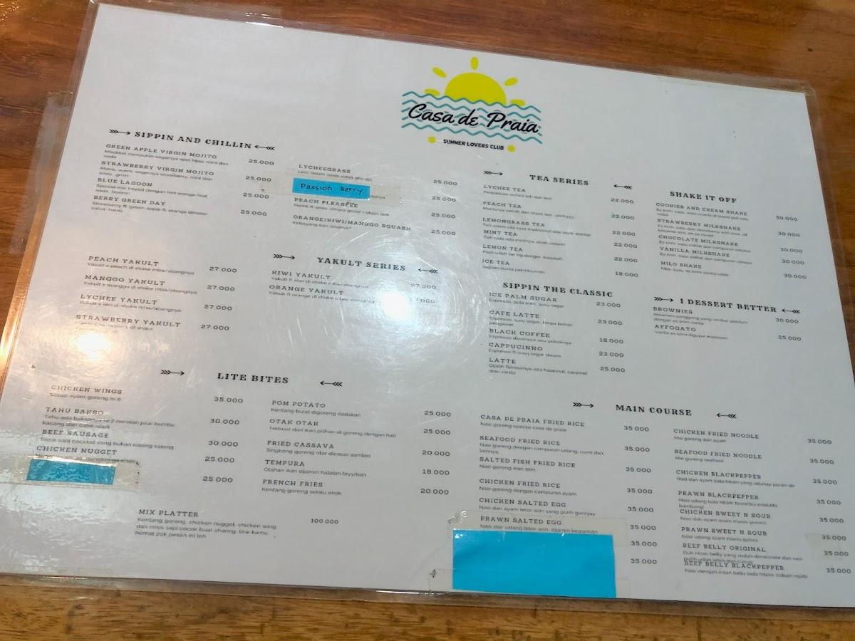 Menu at Casa de Praia restaurant, Balikpapan