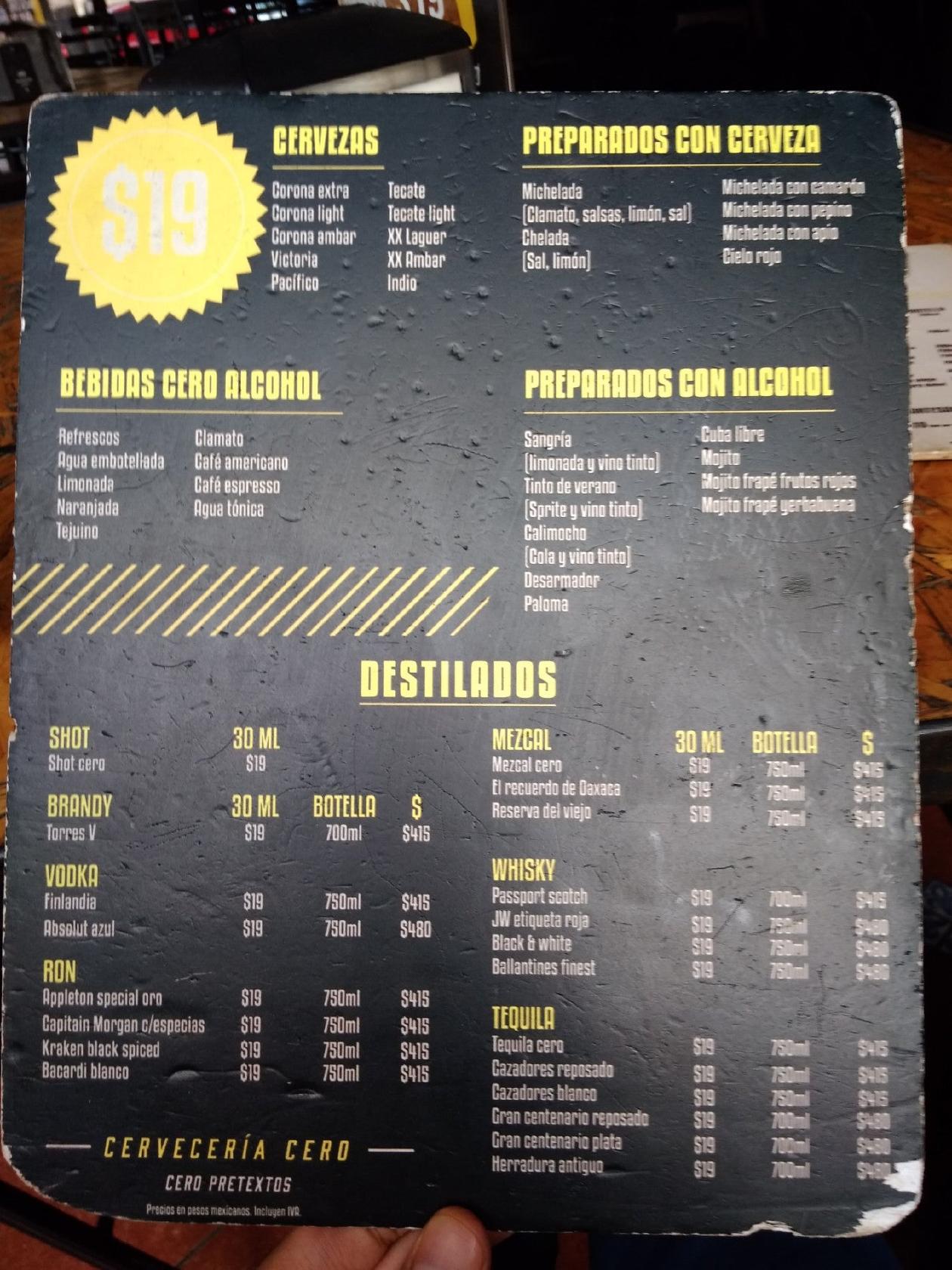 Menu at Cervecería Cero pub & bar, Guadalajara, Diagonal Manuel Cambre