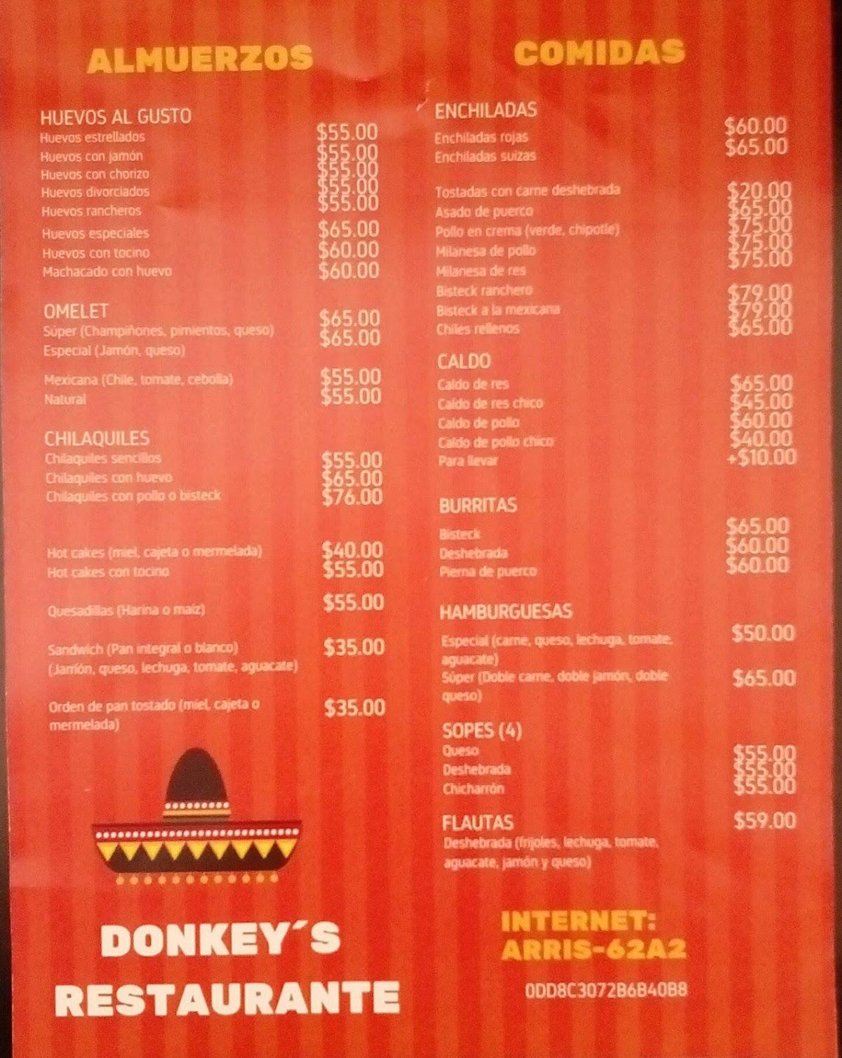 Carta de Donkey´s Restaurante, Monclova