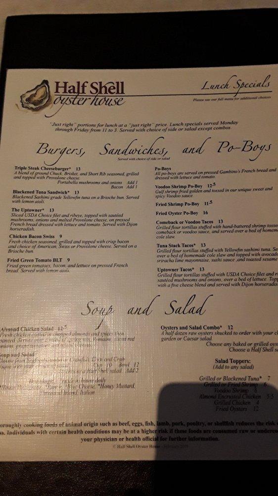 Menu at Half Shell Oyster House restaurant, Tuscaloosa