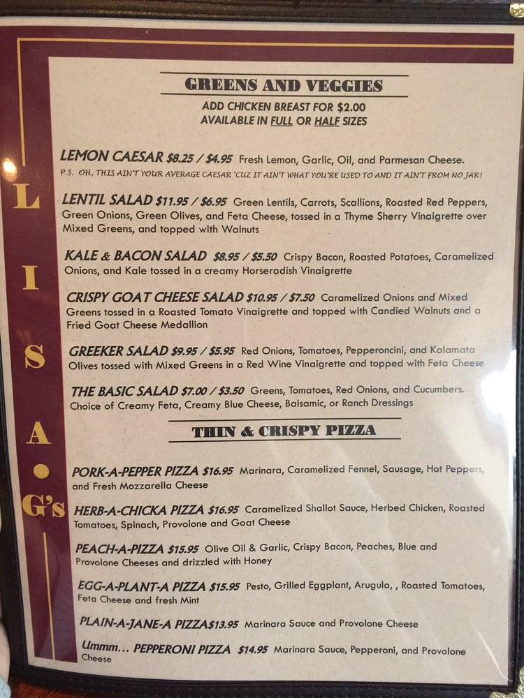 Menu at Lisa G's restaurant, Lake Placid