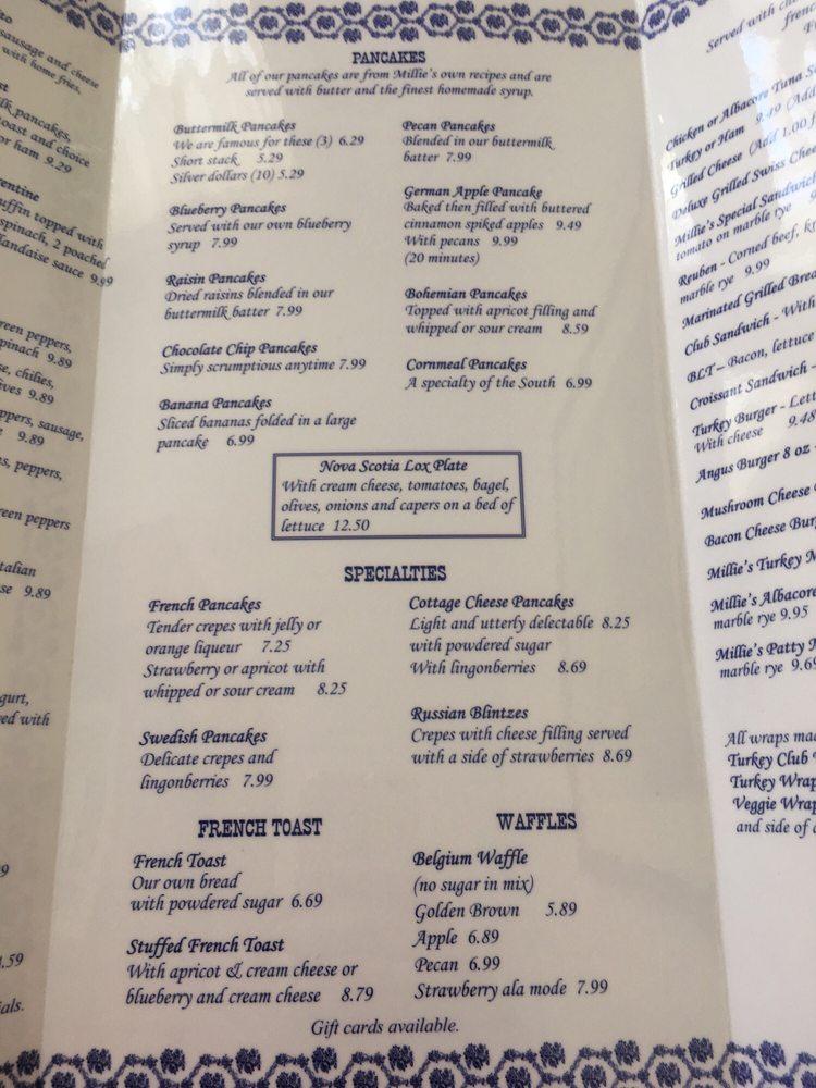 Menu at Millie's fast food, Sarasota