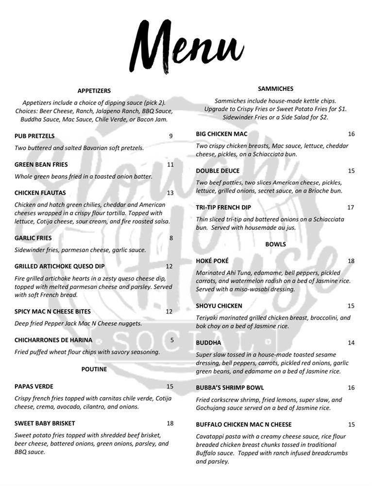 Menu at Slough House Social restaurant, Colusa