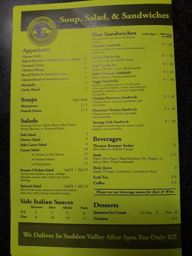 Menu at Tino’s Pizza & Pasta Co. pizzeria, Sudden Valley
